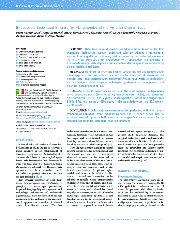 (PDF) Endoscopic endonasal surgery for malignancies of the anterior cranial base