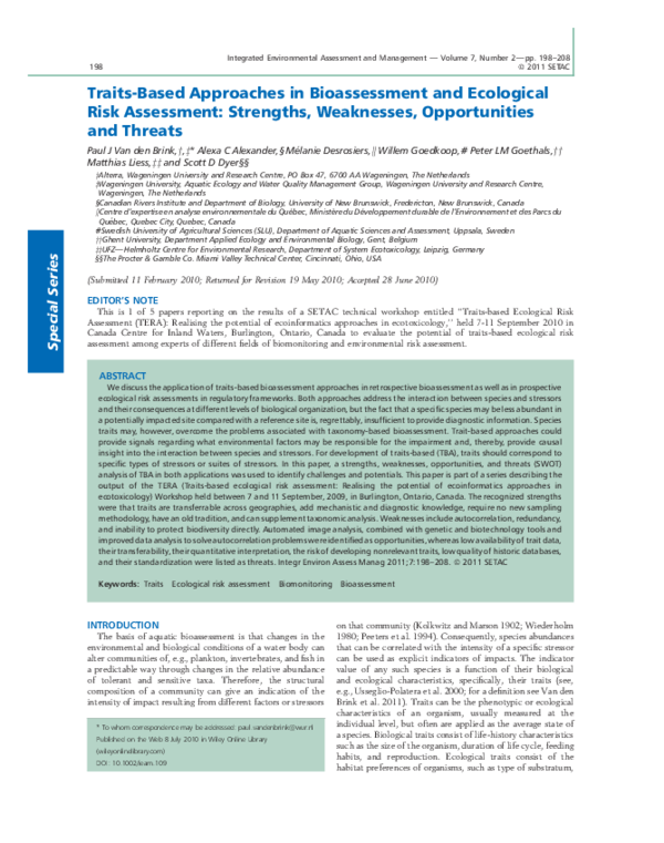 (PDF) Traits-based approaches in bioassessment and ecological risk ...