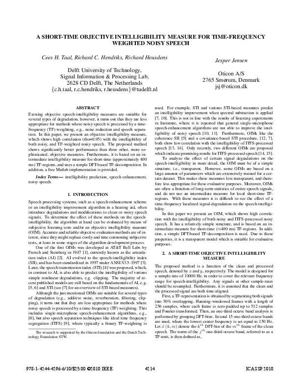 (PDF) A short-time objective intelligibility measure for time-frequency weighted noisy speech