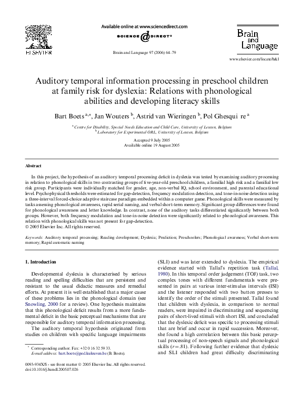 (PDF) Auditory temporal information processing in preschool children at family risk for dyslexia ...