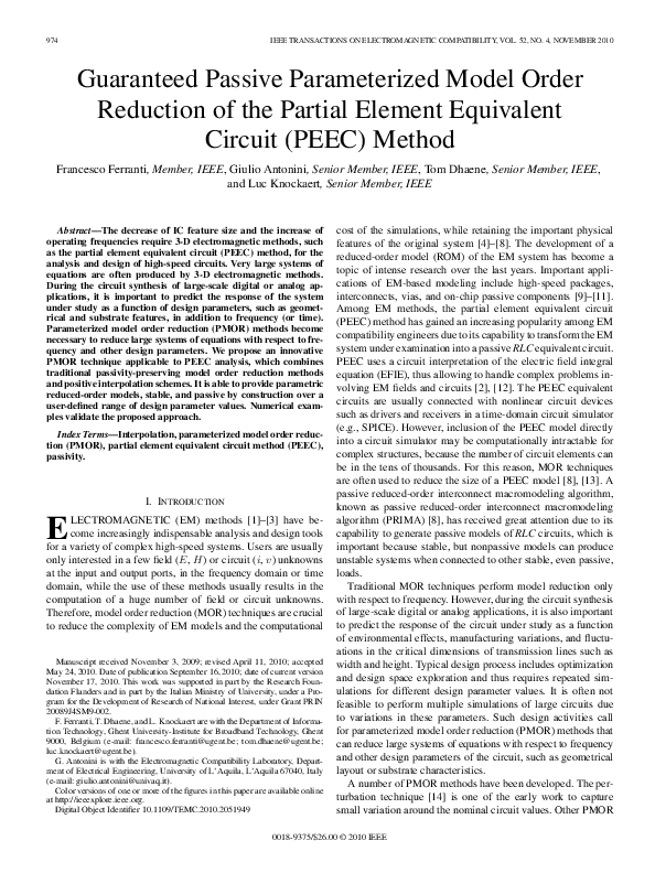 Pdf Guaranteed Passive Parameterized Model Order Reduction Of The Partial Element Equivalent