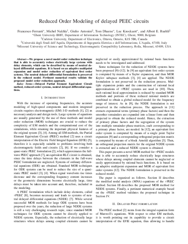 Pdf Reduced Order Modeling Of Delayed Peec Circuits