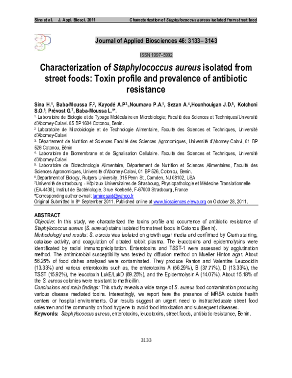 (PDF) Characterization of Staphylococcus aureus isolated from street foods: Toxin profiles and ...