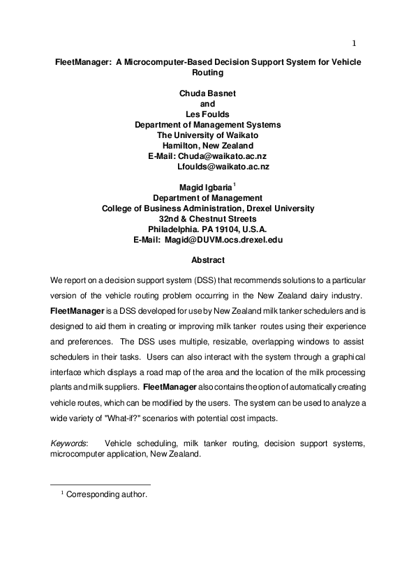 (PDF) FleetManager: a microcomputer-based decision support system for vehicle routing | Les ...