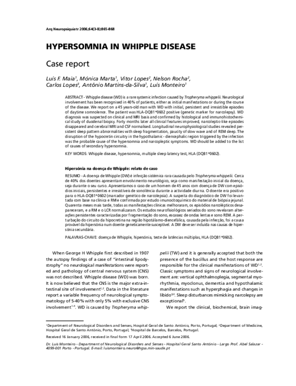 (PDF) Hypersomnia in Whipple disease: case report
