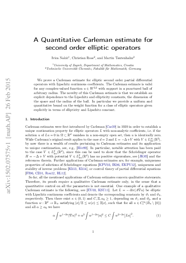 Pdf A Quantitative Carleman Estimate For Second Order Elliptic Operators Martin Tautenhahn