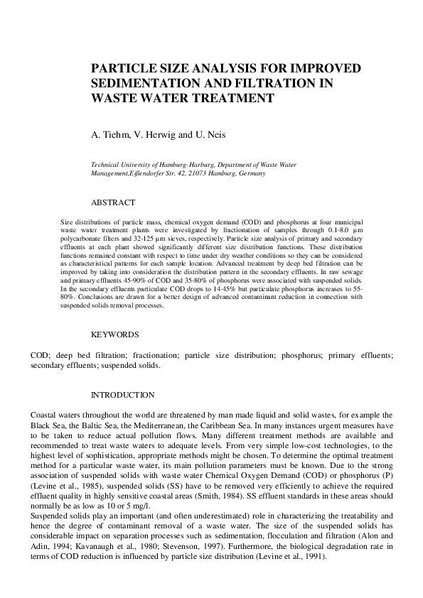 (PDF) Particle size analysis for improved sedimentation and filtration in waste water treatment