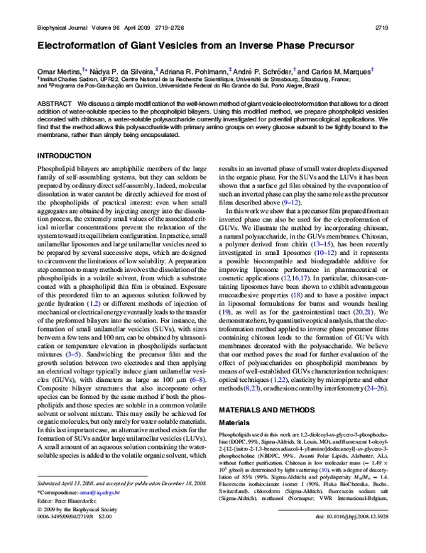 (PDF) Electroformation of Giant Vesicles from an Inverse Phase Precursor