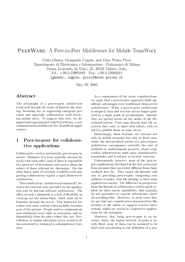 (PDF) PeerWare: A Peer-to-Peer Middleware for Mobile TeamWork