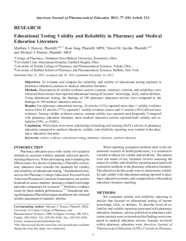 (PDF) Educational Testing Validity and Reliability in Pharmacy and ...