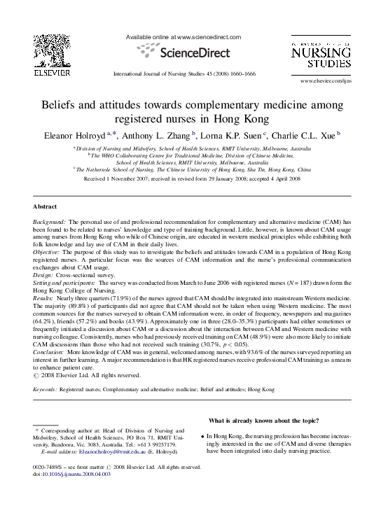(PDF) Beliefs and attitudes towards complementary medicine among registered nurses in Hong Kong