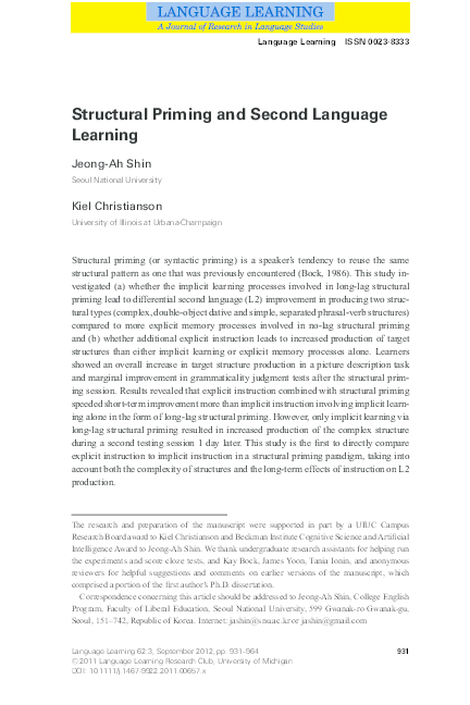 (PDF) Structural Priming and Second Language Learning