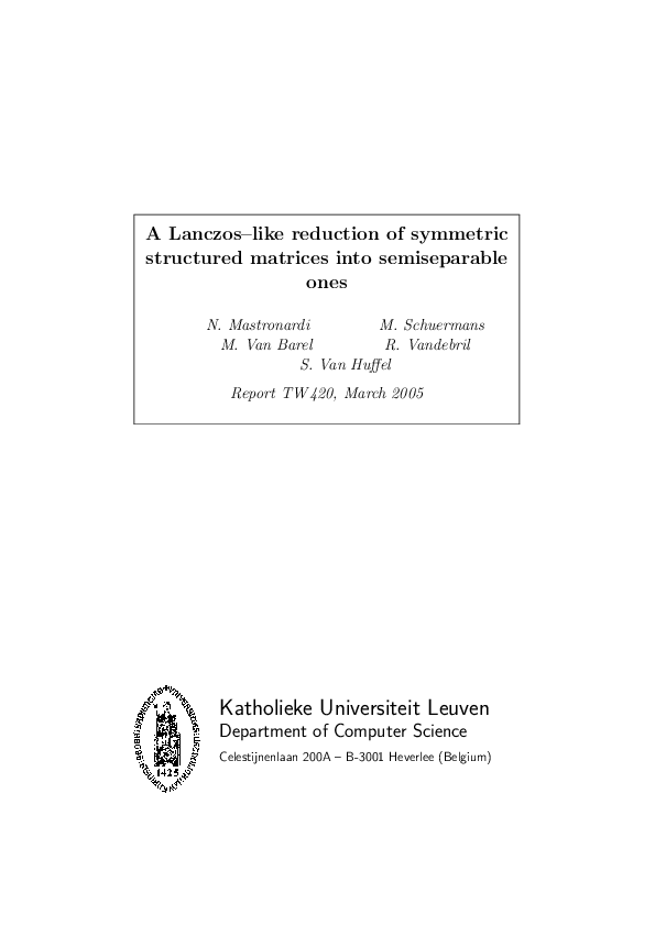 (PDF) A Lanczos–like reduction of symmetric structured matrices to semiseparable form*