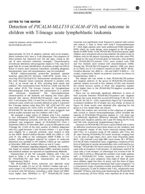 (PDF) Detection of PICALM-MLLT10 (CALM-AF10) and outcome in children ...