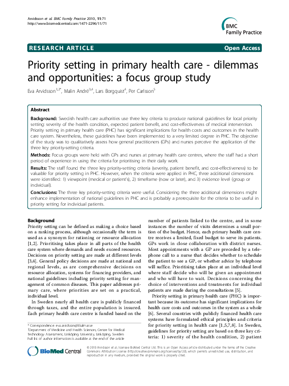 (PDF) Priority setting in primary health care - dilemmas and ...