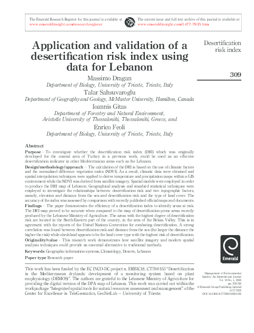 Pdf Application And Validation Of A Desertification Risk Index Using
