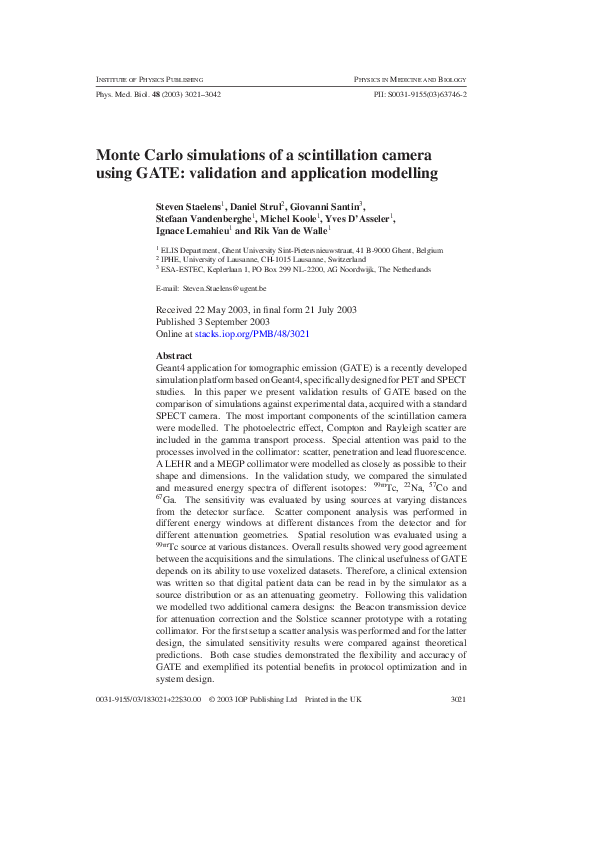 Pdf Monte Carlo Simulations Of A Scintillation Camera Using Gate Validation And Application