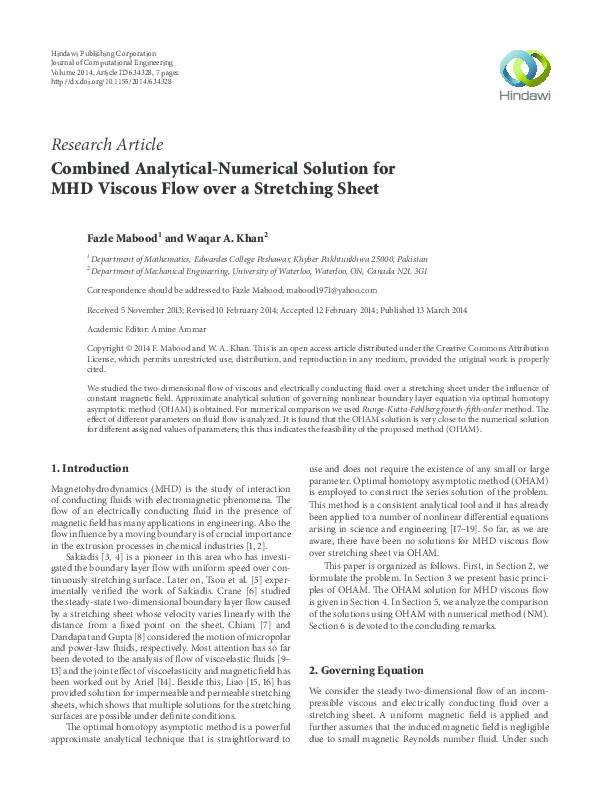 Pdf Combined Analytical Numerical Solution For Mhd Viscous Flow Over A Stretching Sheet