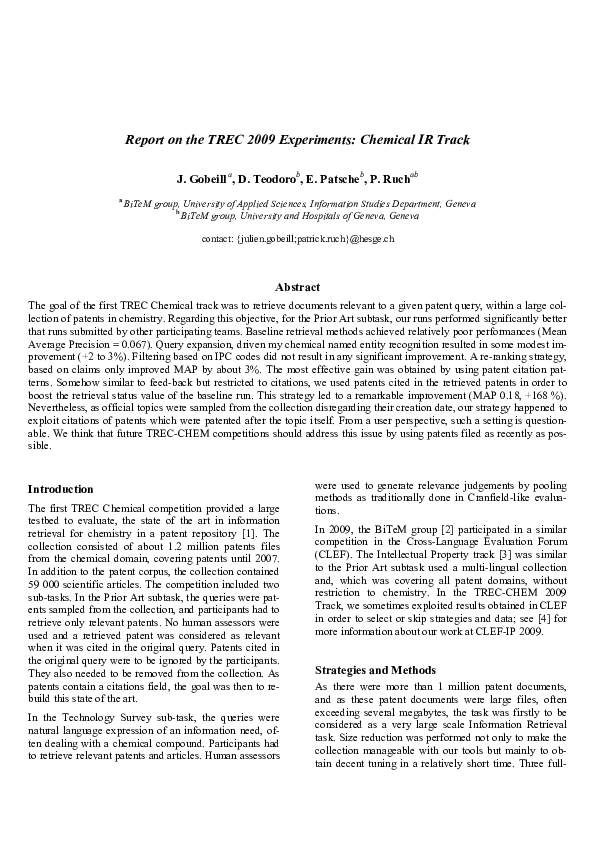 (PDF) Report on the trec 2009 experiments: Chemical ir track
