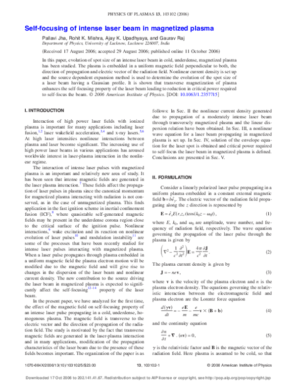 (PDF) Self-focusing of intense laser beam in magnetized plasma