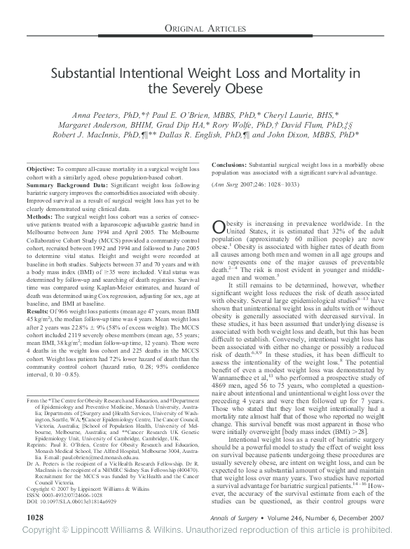 (PDF) Substantial Intentional Weight Loss and Mortality in the Severely ...
