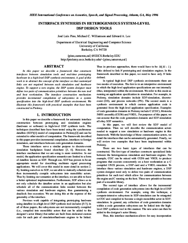 (PDF) Interface synthesis in heterogeneous system-level DSP design tools