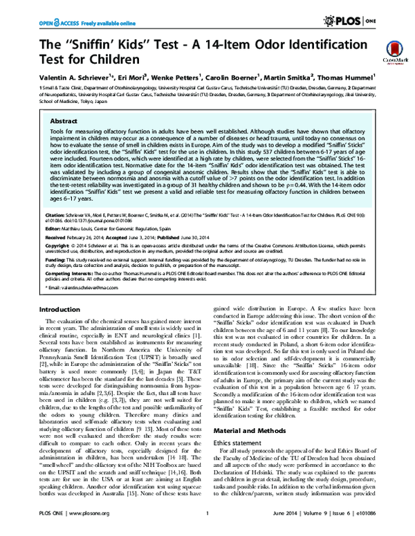 (PDF) The “Sniffin' Kids” Test - A 14-Item Odor Identification Test for ...