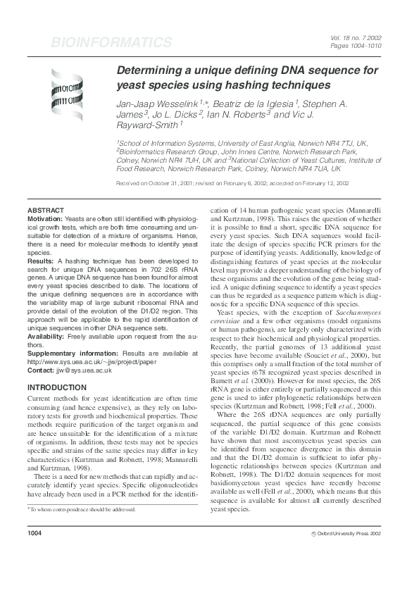 Pdf Determining A Unique Defining Dna Sequence For Yeast Species Using Hashing Techniques