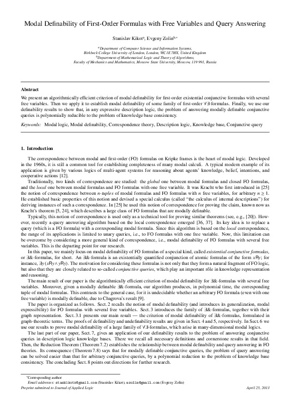 (PDF) Modal definability of first-order formulas with free variables and query answering