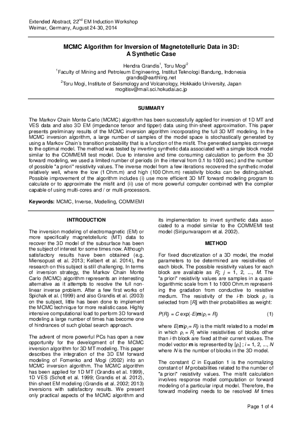 Mcmc Algorithm For Inversion Of Magnetotelluric Data In 3d A Synthetic Case