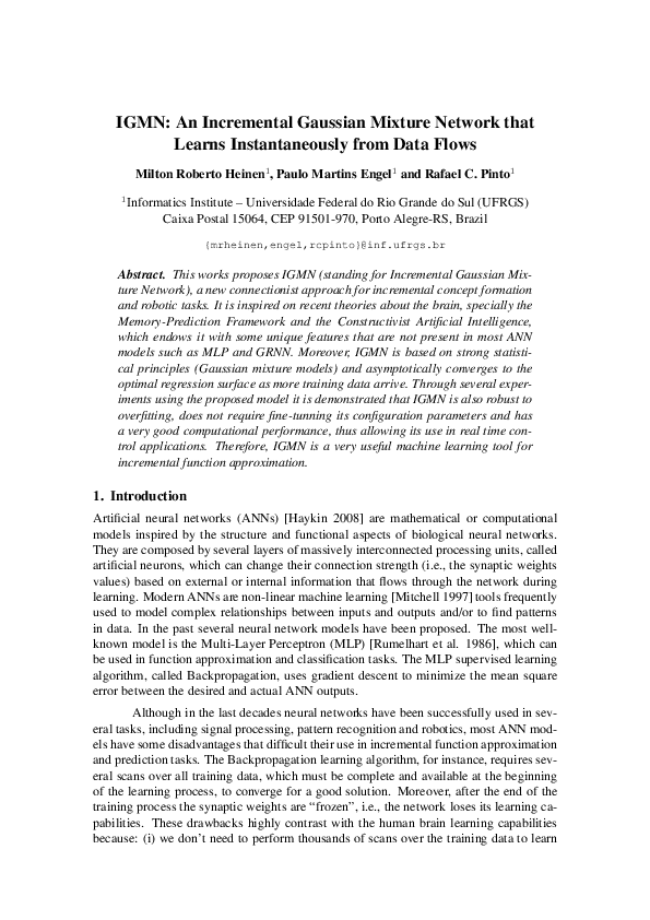 (PDF) IGMN: An Incremental Gaussian Mixture Network that Learns Instantaneously from Data Flows