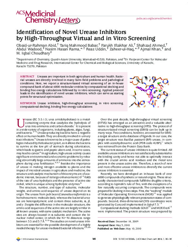 (PDF) Identification of Novel Urease Inhibitors by High-Throughput ...