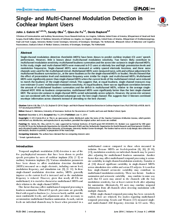(PDF) Single-and Multi-Channel Modulation Detection in Cochlear Implant Users