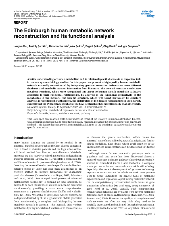 (PDF) The Edinburgh human metabolic network reconstruction and its ...