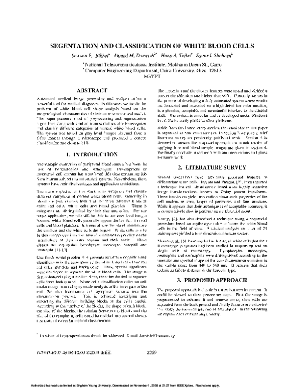 (PDF) Segmentation and classification of white blood cells
