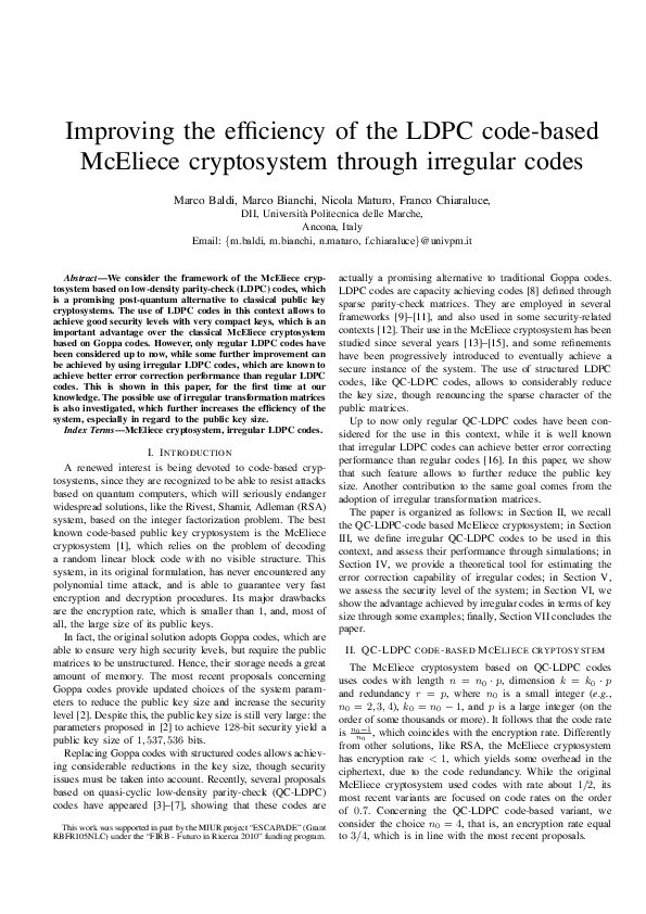 Pdf Improving The Efficiency Of The Ldpc Code Based Mceliece Cryptosystem Through Irregular Codes