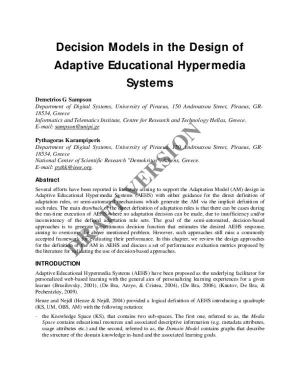 (PDF) Decision Models in the Design of Adaptive Educational Hypermedia Systems