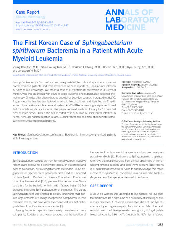 (PDF) The first Korean case of Sphingobacterium spiritivorum bacteremia ...
