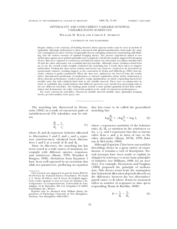 (PDF) Optimality And Concurrent Variable-interval Variable-ratio Schedules | William M Baum ...