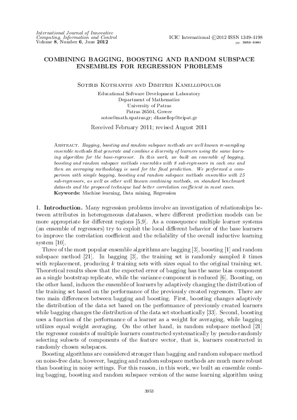 Pdf Combining Bagging Boosting And Random Subspace Ensembles For Regression Problems