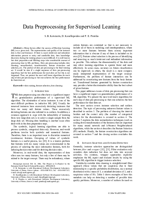 (PDF) Data preprocessing for supervised leaning