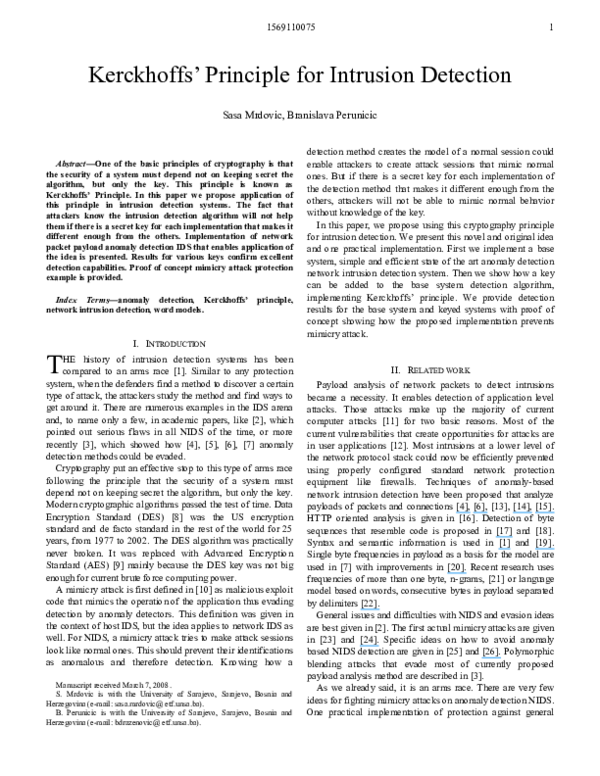 (PDF) Kerckhoffs' principle for intrusion detection