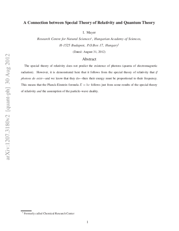 (PDF) A Connection between Special Theory of Relativity and Quantum Theory
