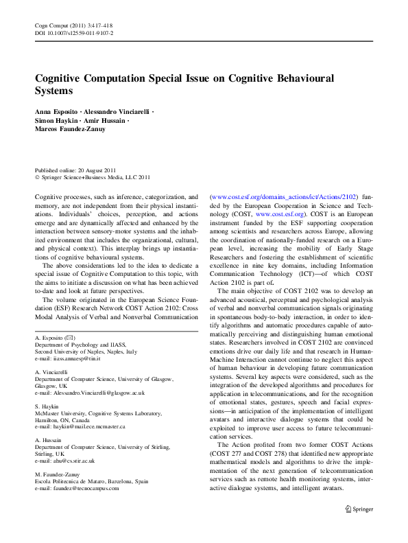 (PDF) Cognitive Behavioural Systems and Interaction