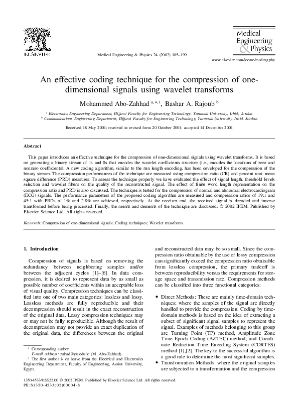 Pdf An Effective Coding Technique For The Compression Of One Dimensional Signals Using Wavelet