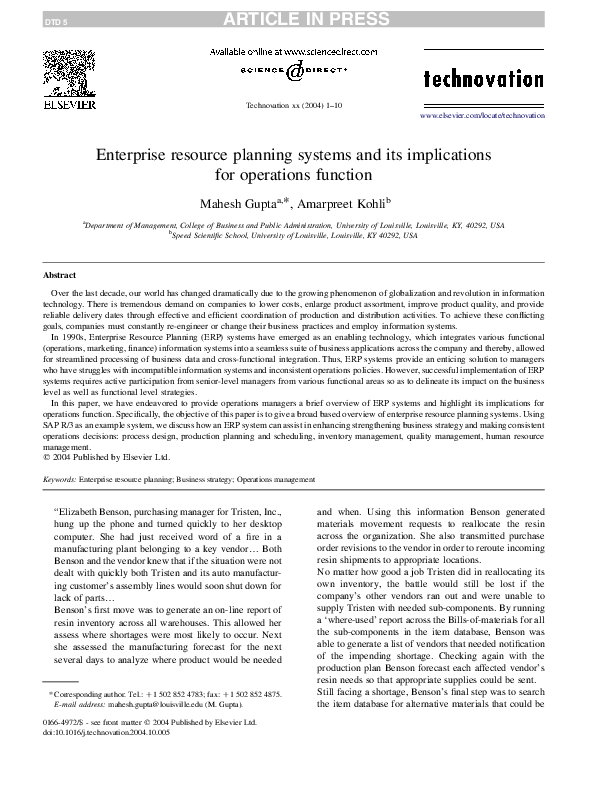 (PDF) Enterprise resource planning systems and its implications for operations function