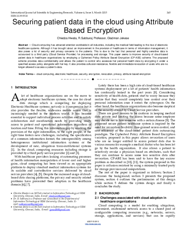 Pdf Securing Patient Data In The Cloud Using Attribute Based Encryption
