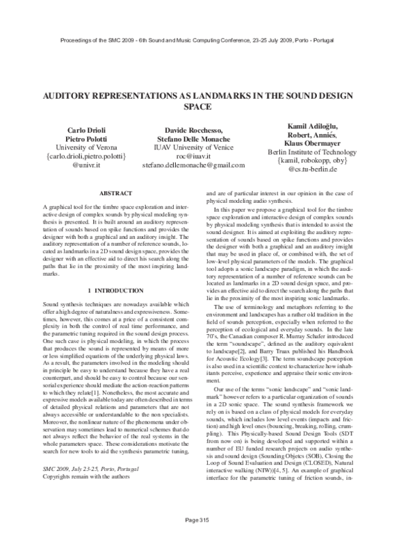 (PDF) AUDITORY REPRESENTATIONS AS LANDMARKS IN THE SOUND DESIGN SPACE