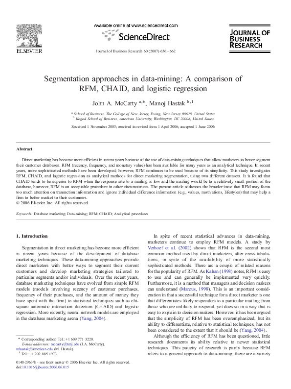 Pdf Segmentation Approaches In Data Mining A Comparison Of Rfm Chaid And Logistic Regression