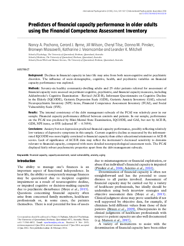 (PDF) Predictors of financial capacity performance in older adults ...